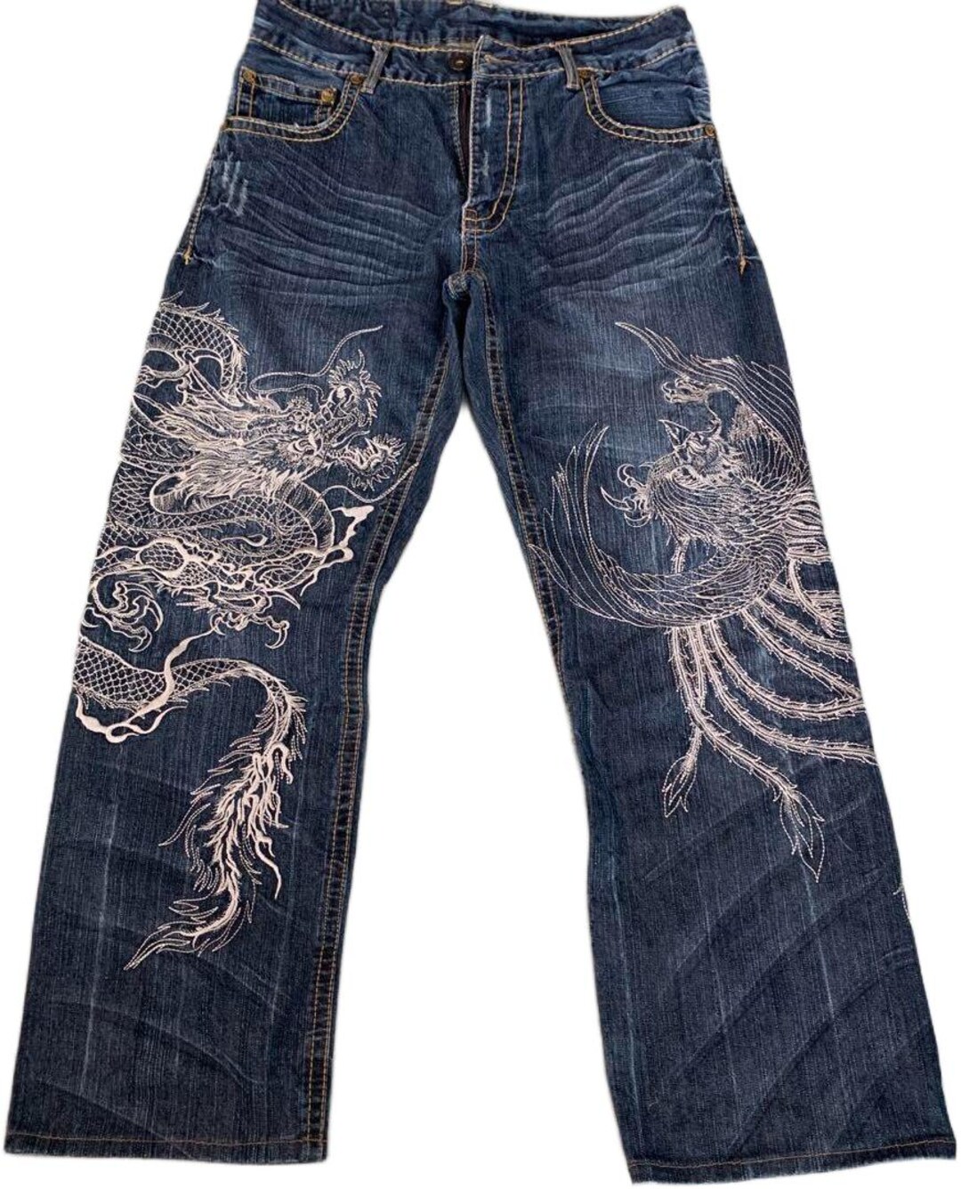 NISHIKI 錦 32" Dragon Embroidered Jeans Phoenix Embroidery Blue Denim ...