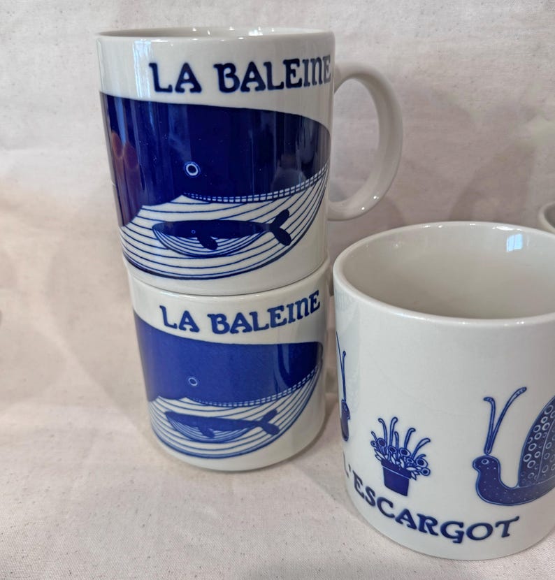 Vintage Taylor & Ng French Blue Animal Mugs | Whale, Cat, Dog, Snail ...