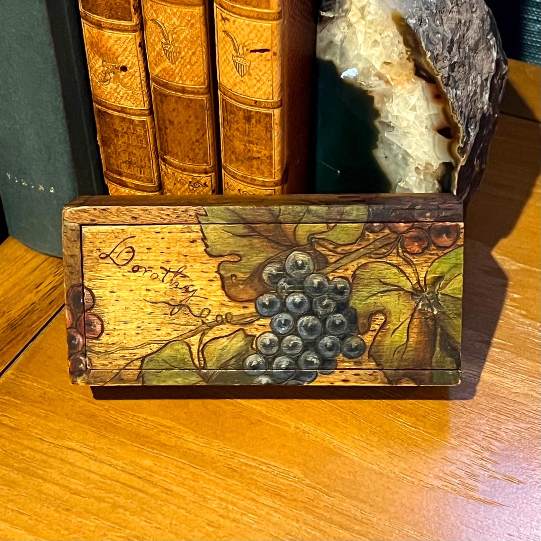 Handmade Pyrography Box With Hand Colored Grape Motif, Grapevine, Upcycled Match Holder ...