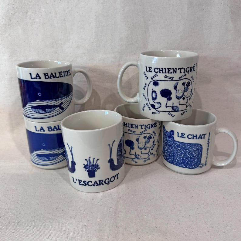 Vintage Taylor & Ng French Blue Animal Mugs | Whale, Cat, Dog, Snail ...