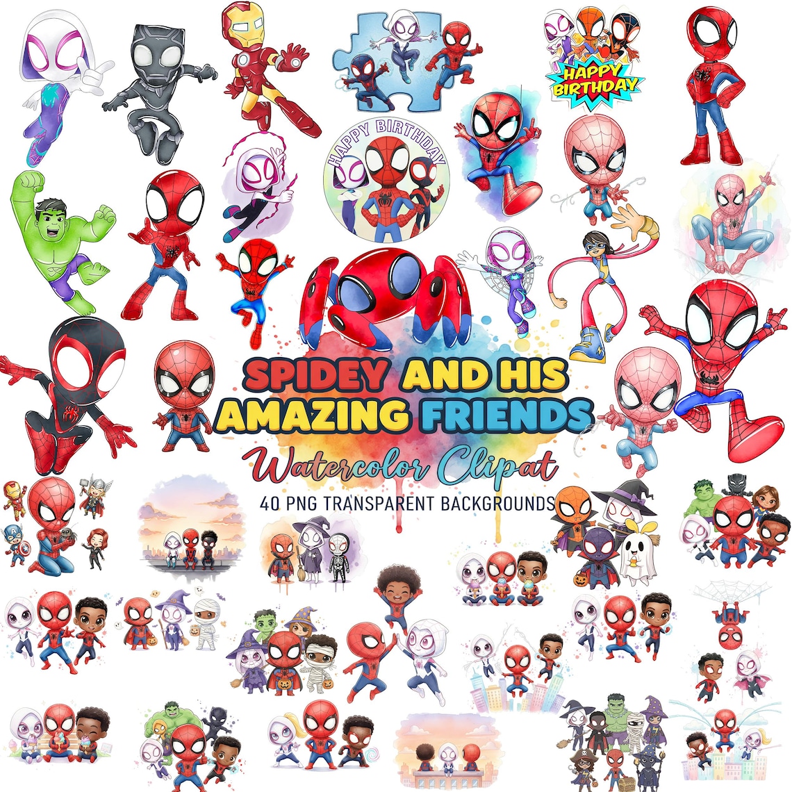 Spidey Watercolor Clipart Bundle, Superhero PNG, Spidey and His Amazing ...