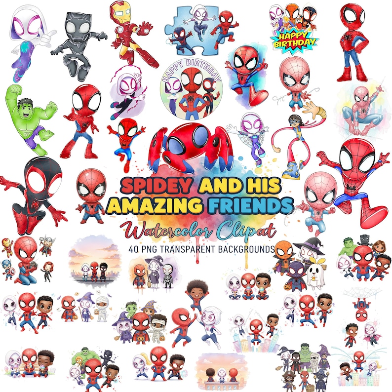 Spidey Watercolor Clipart Bundle, Superhero PNG, Spidey and His Amazing ...