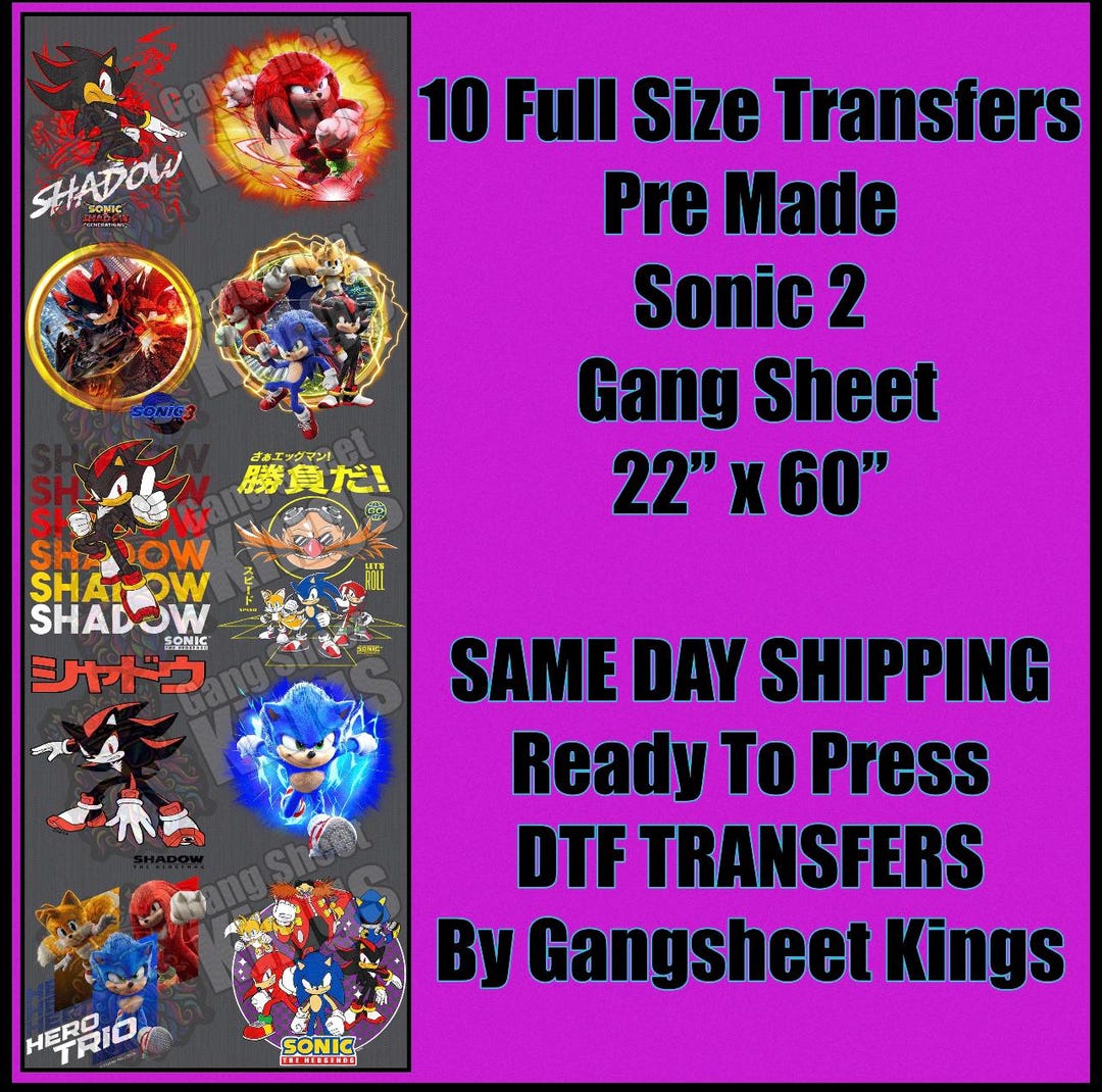 Premade Sonic 2 Full Size Transfers Gangsheet | DTF Transfer - Ready to ...