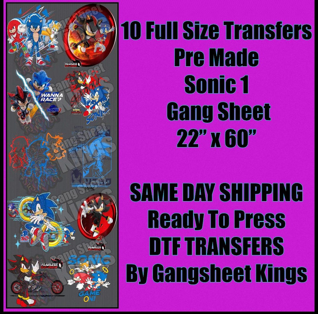 Premade Sonic 1 Full Size Transfers Gangsheet | DTF Transfer - Ready to ...