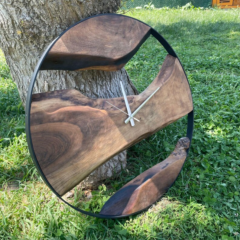 Walnut Wood Wall Clock With Metal Frame - Large Numberless Design - Etsy