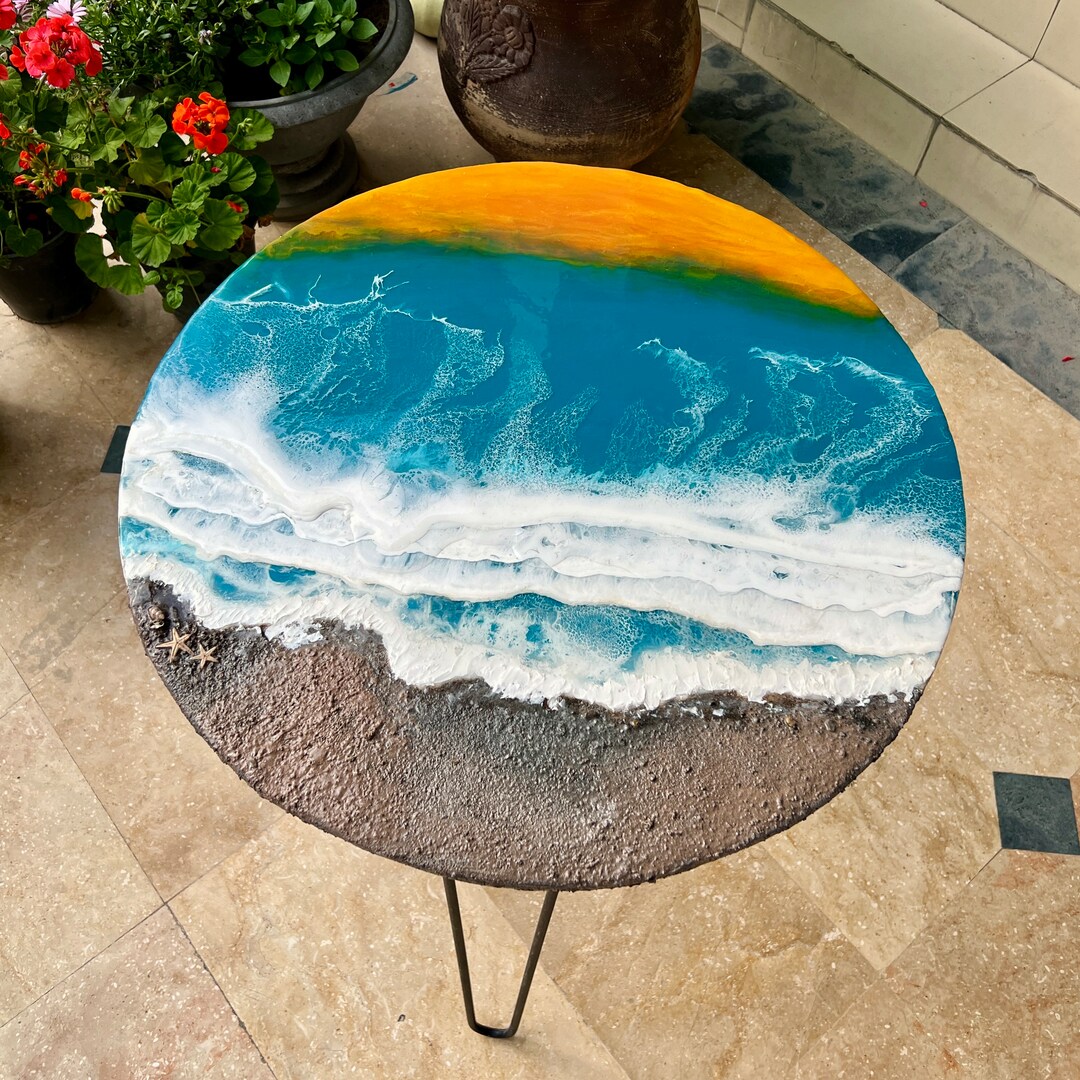 Resin Ocean Sunset Themed Coffee Table Beach Side Table With Metal Legs ...