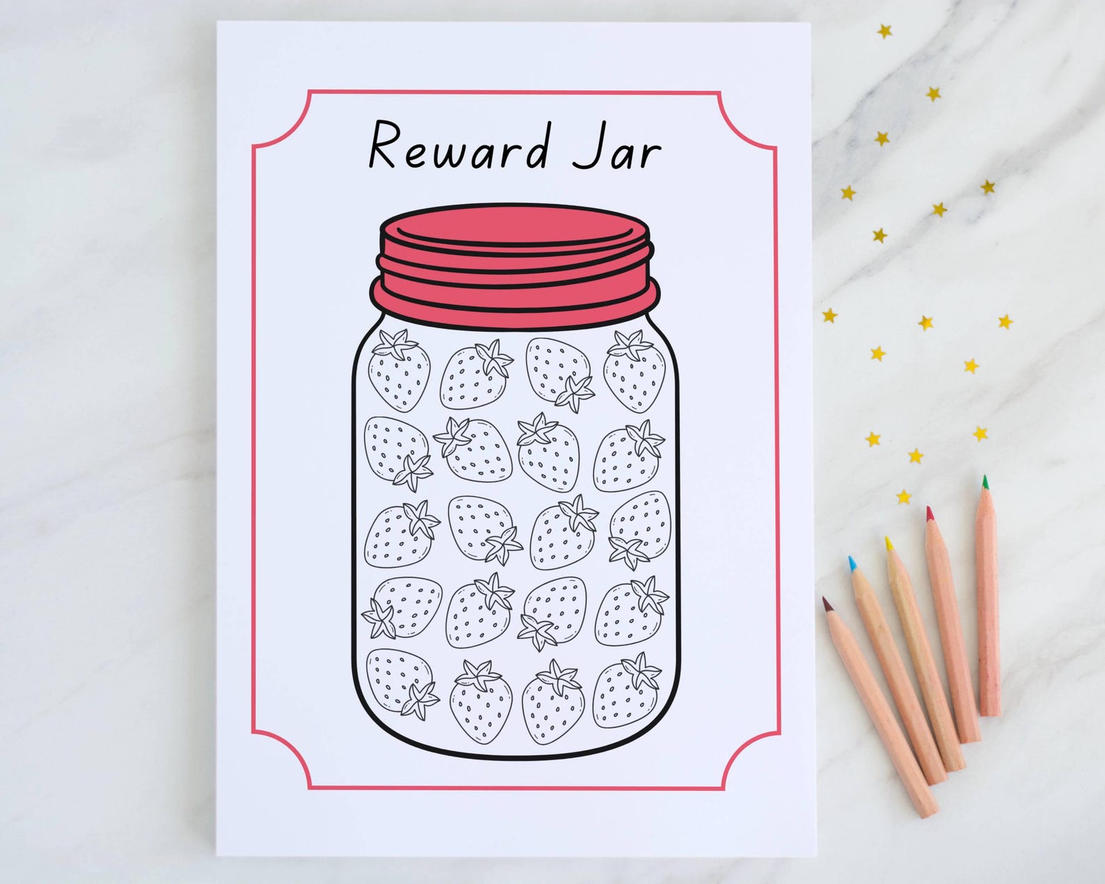20 Strawberries Kids Printable Reward Jar, Kids Reward Chart, Marble ...