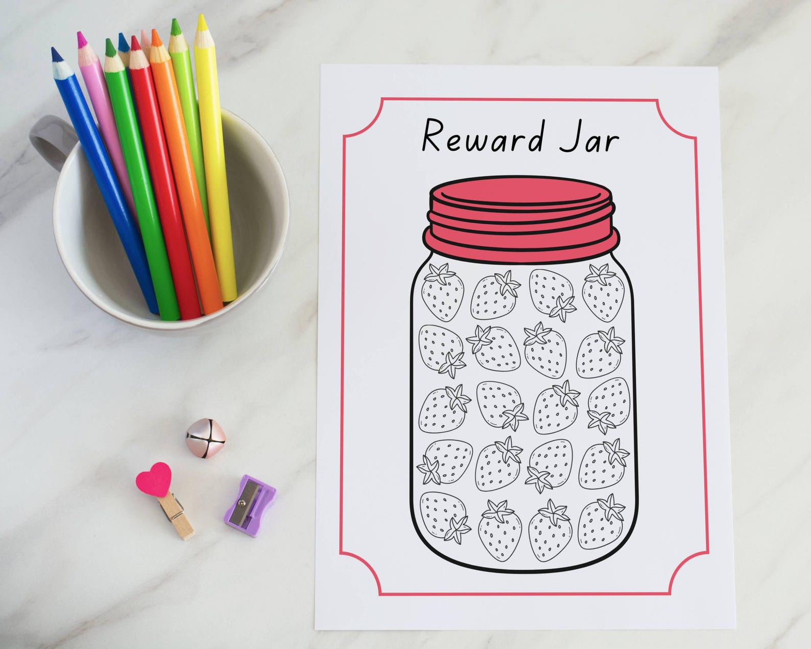 20 Strawberries Kids Printable Reward Jar, Kids Reward Chart, Marble ...