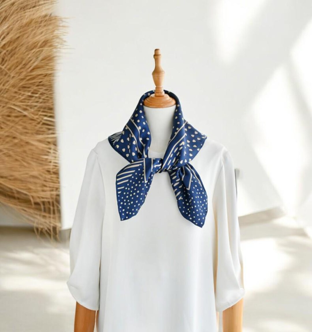 Silk Scarf, Women Head Scarves, Blue, White Lines Print, High Quality ...
