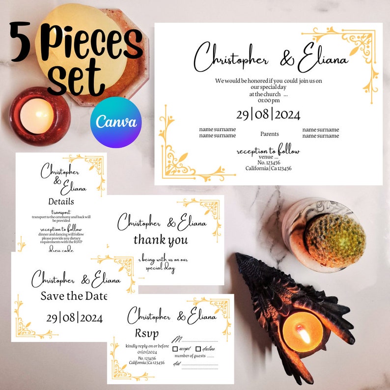 Minimalist Gold Wedding Invitation Bundle, Gold Classic Details ...