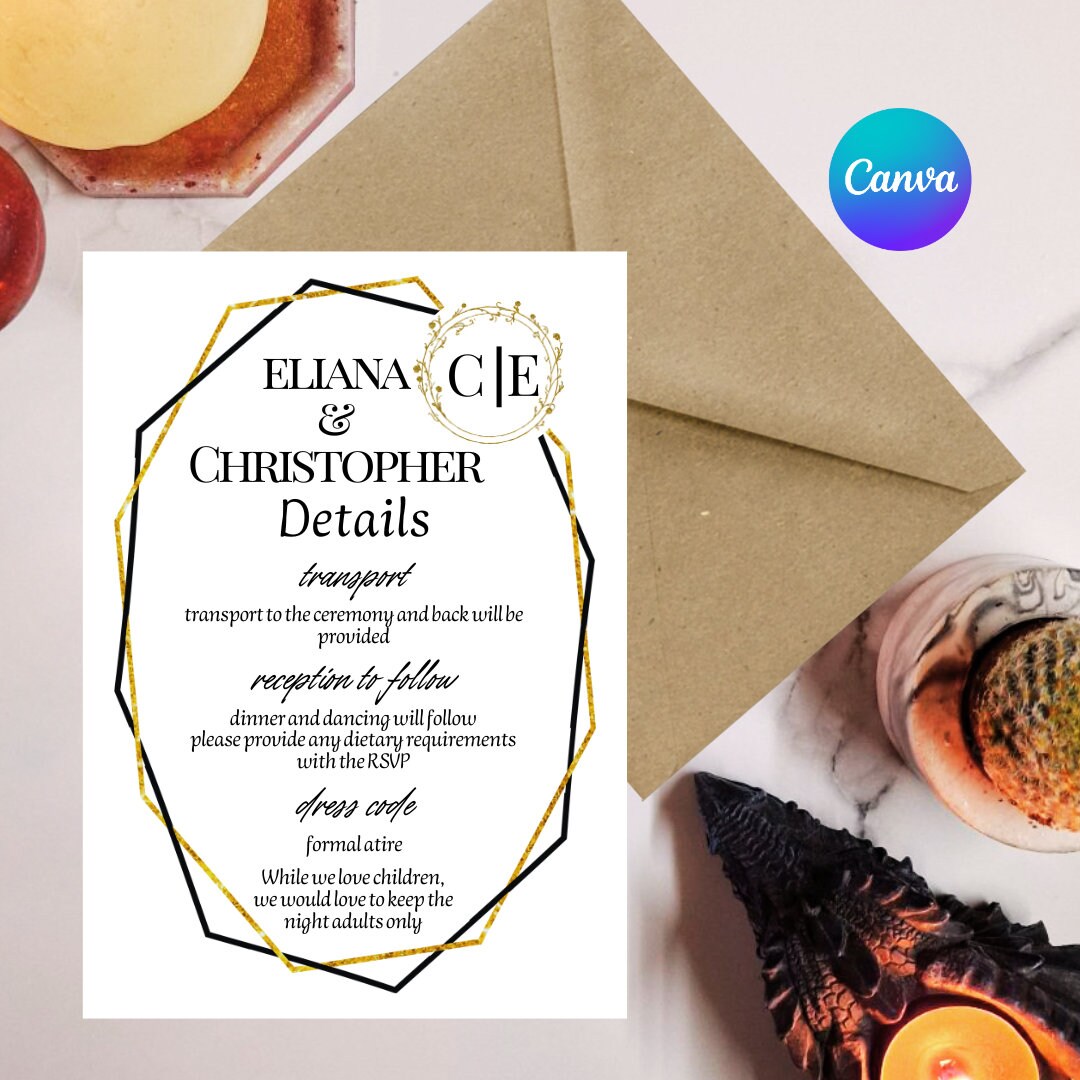 Minimal Black and Gold Wedding DETAILS Card, Gold Classic Details, Chic ...