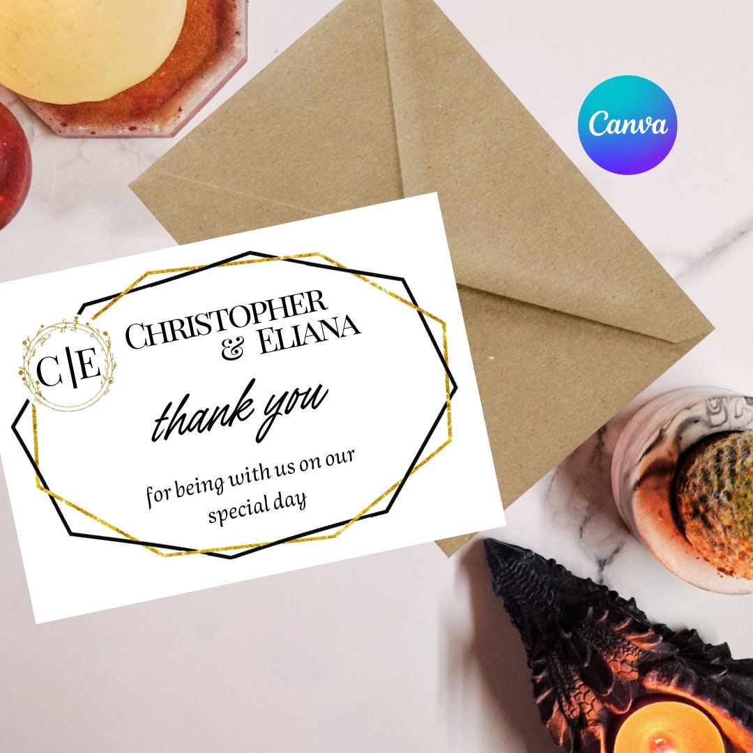 Minimalist Black and Gold Wedding Thank You Card, Classic Details, Chic ...