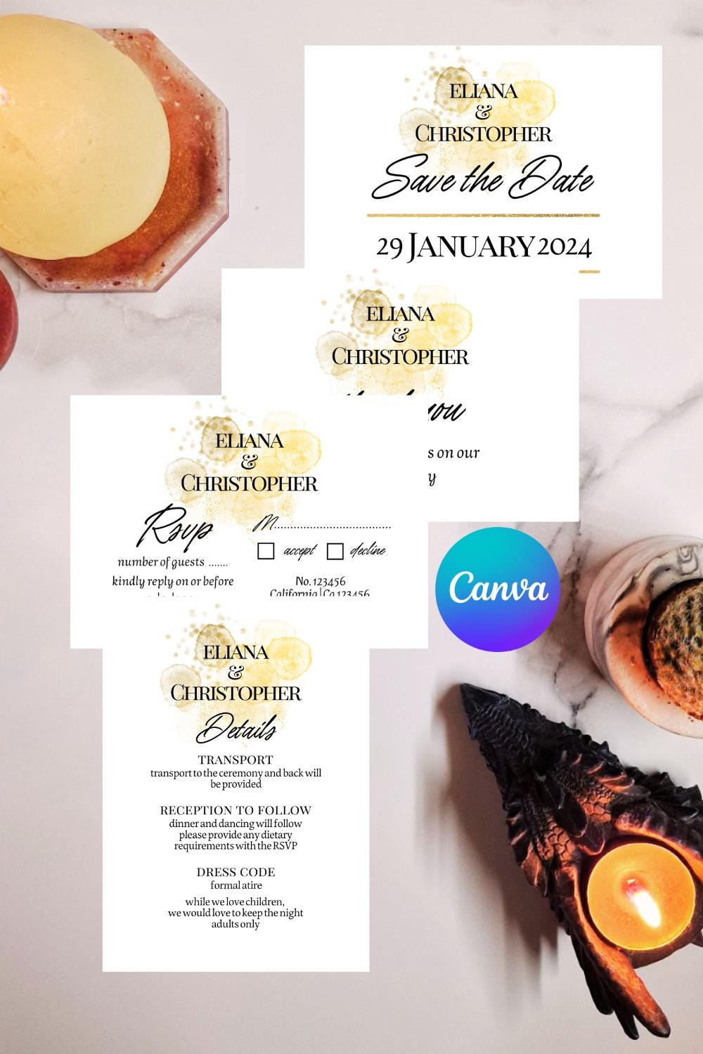 Minimalist Gold Wedding Invitation Bundle, Gold Classic Details ...