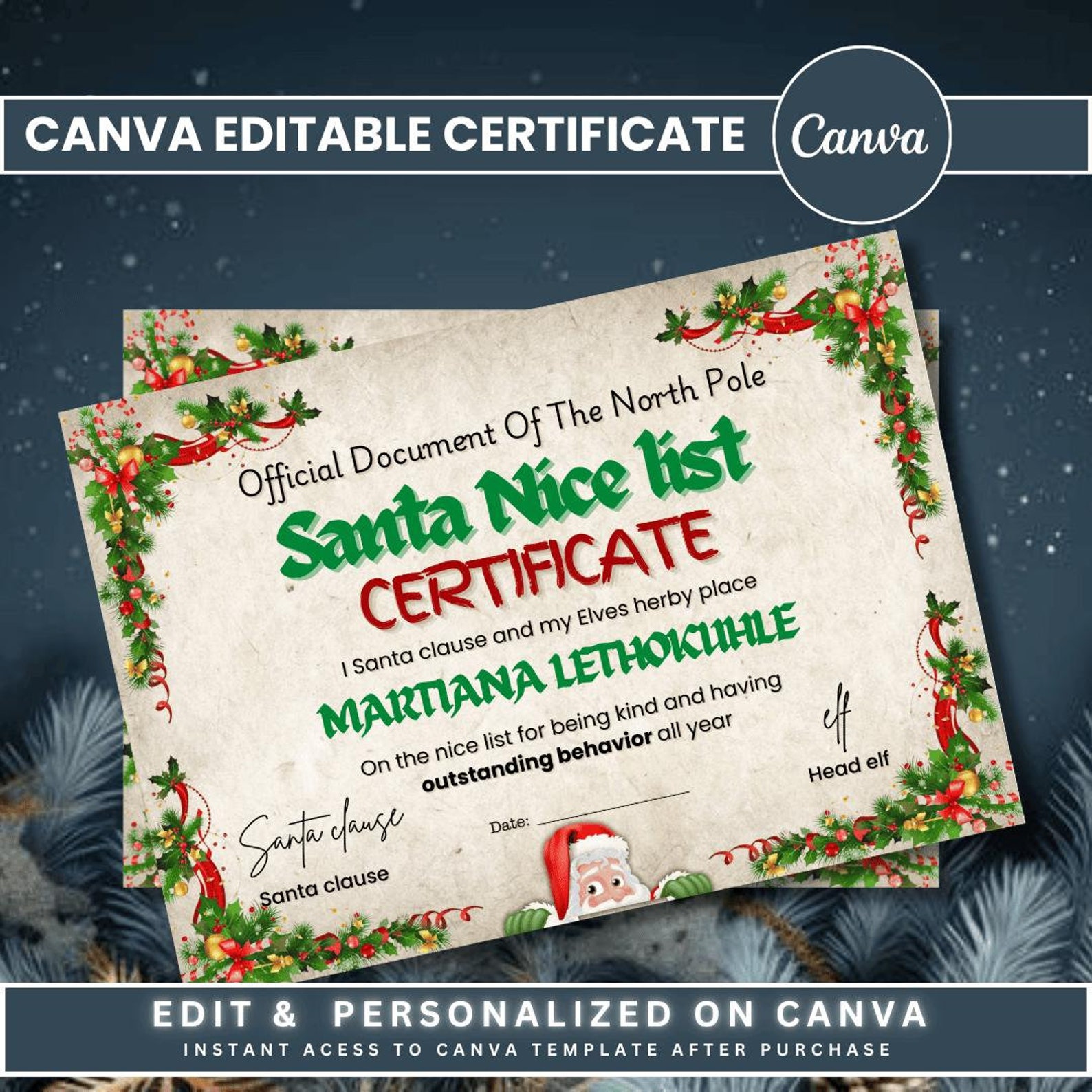 Official Nice List Certificate From Santa, Letter From Santa, Printable ...
