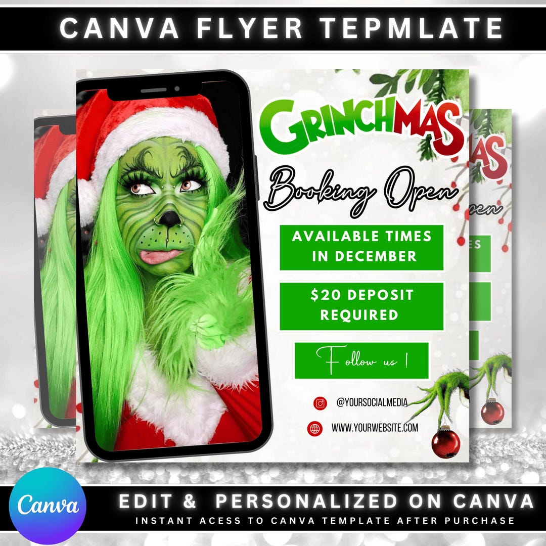 December Booking Flyer, December Calendar, Grinch Flyer, Christmas ...