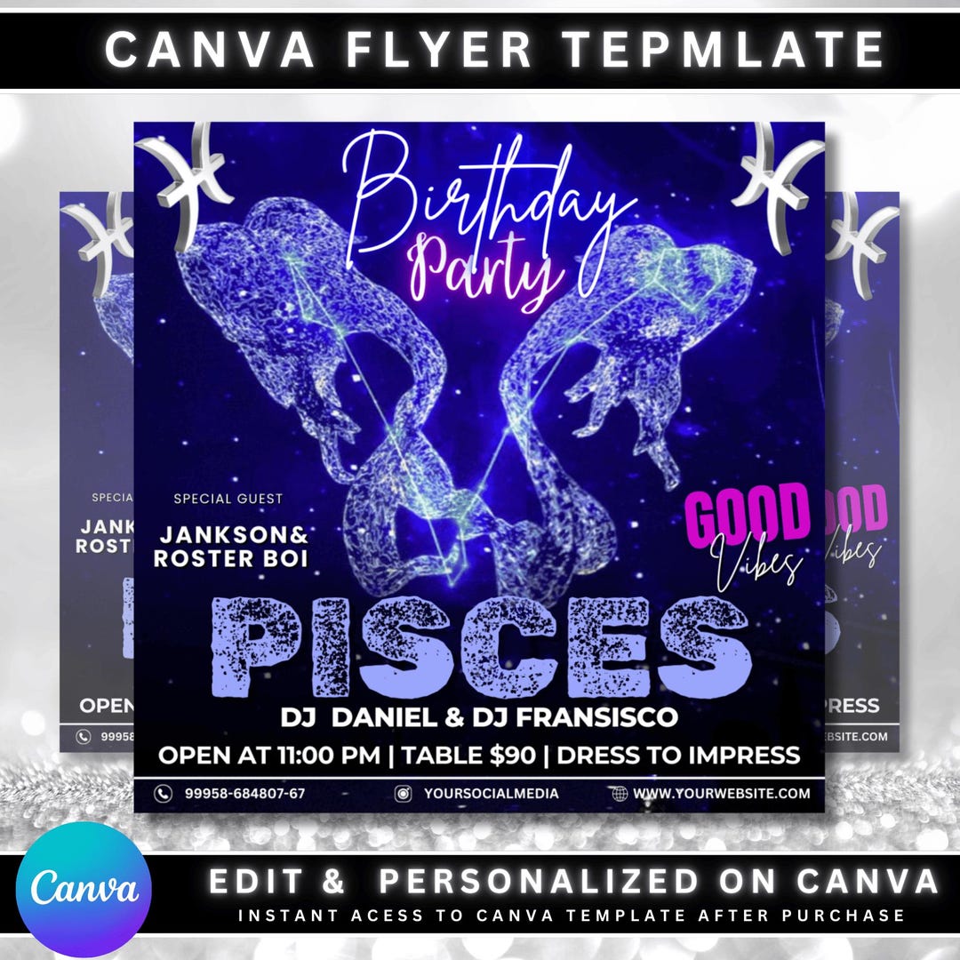 Pisces Birthday Flyer, Birthday Template, Birthday Gir Invitationl ...