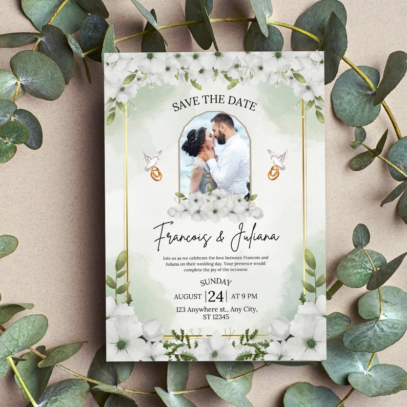 Gold Green Invitation Cards Digital Download, Printable Wedding Cards ...