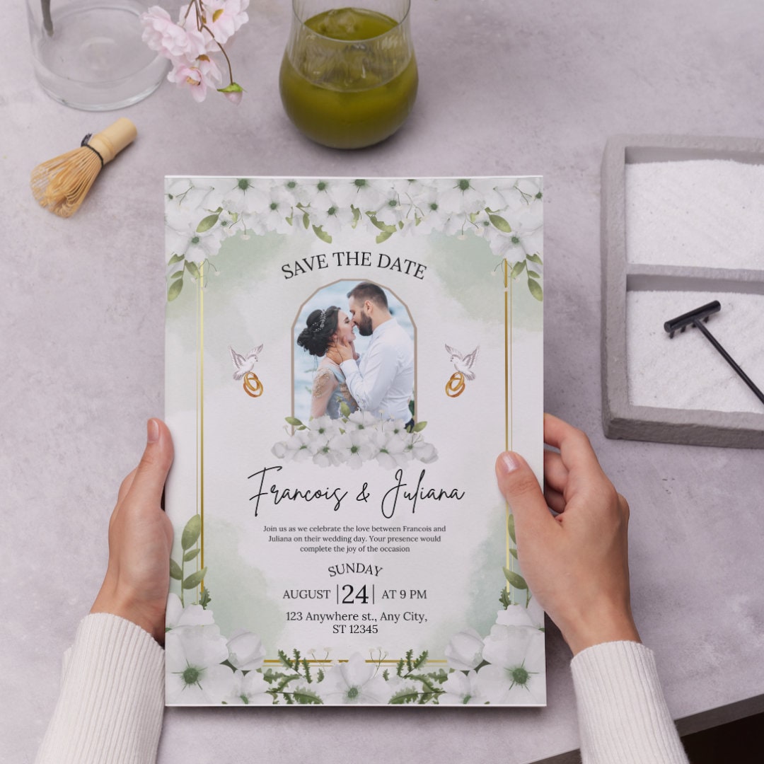 Gold Green Invitation Cards Digital Download, Printable Wedding Cards ...