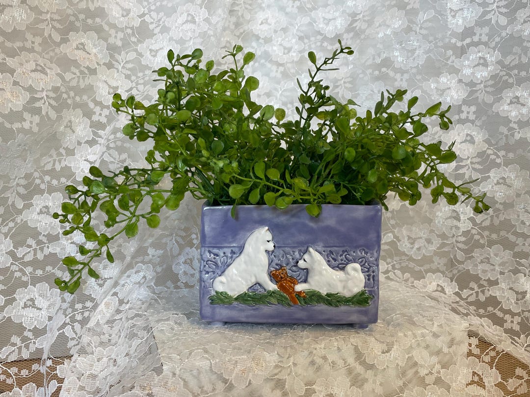 Samoyed Puppies With Teddy Bear Clay Planter. Hand Built Ceramic Low ...