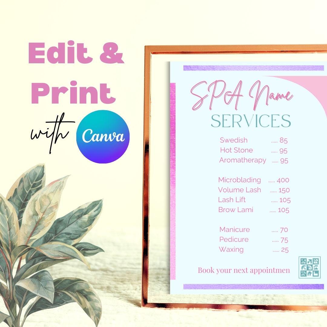 Esthetician Templates, Customizable Salon Menu Template, Editable ...
