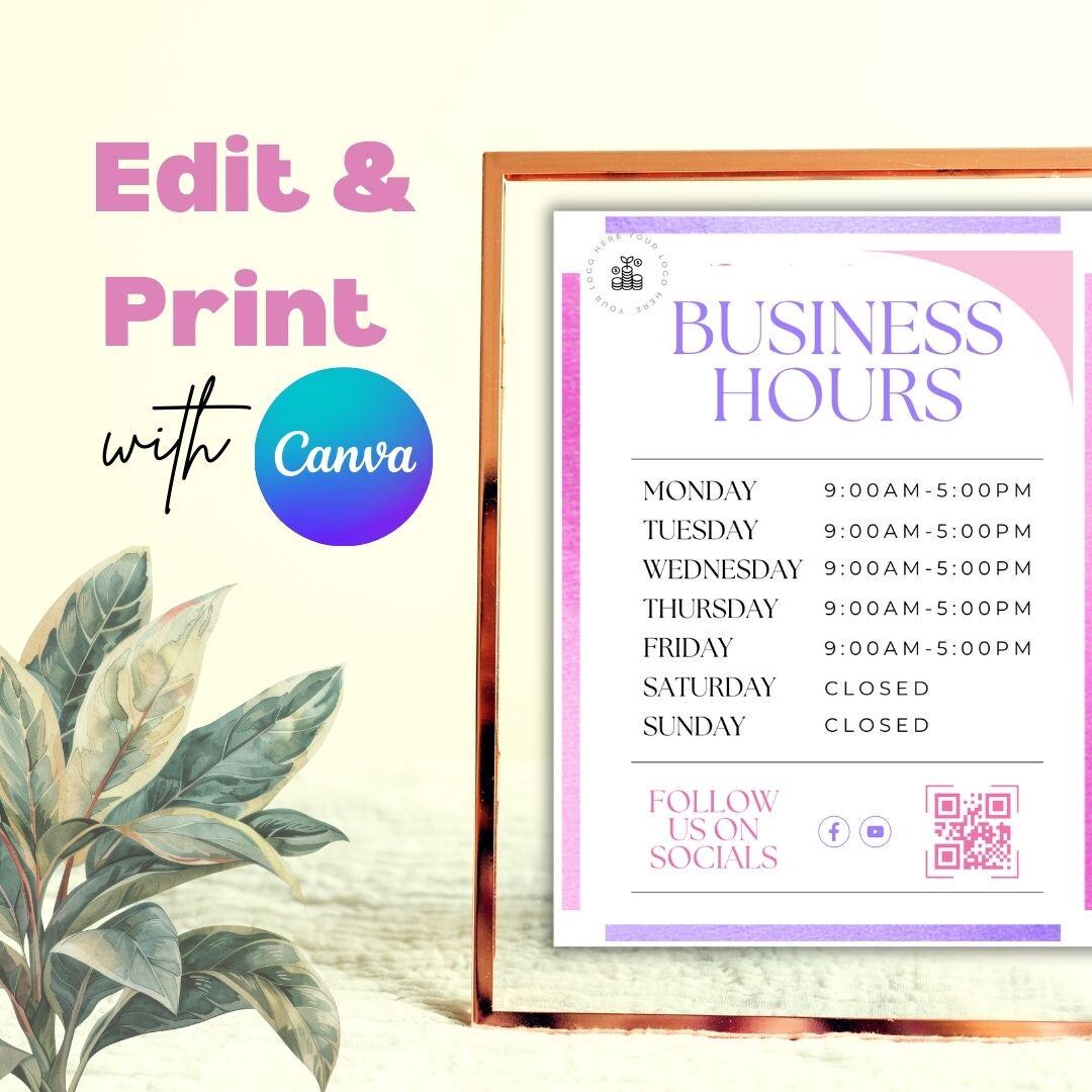 Editable Business Hours Sign, Custom Storefront Template, Printable ...
