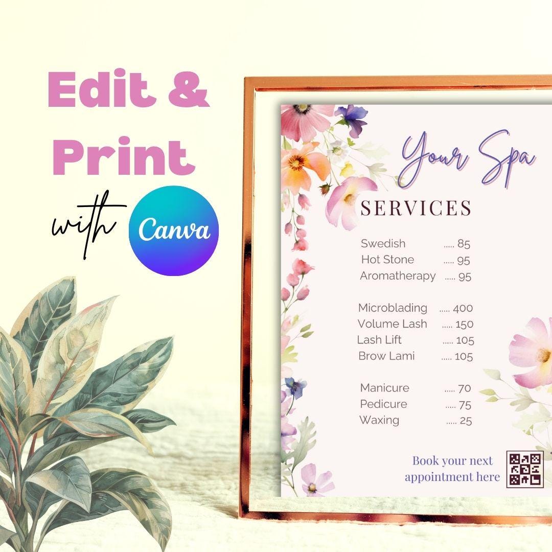 Spa Service Menu Template, Editable Price List for Beauty Salon, Floral ...