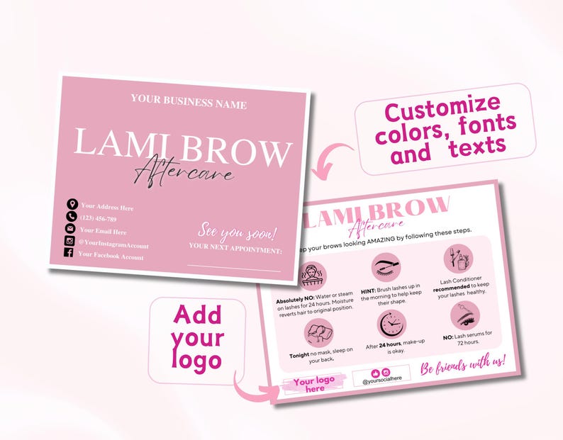 Aftercare Cards Brows, Customizable Eyebrow Lamination Tips, Client ...