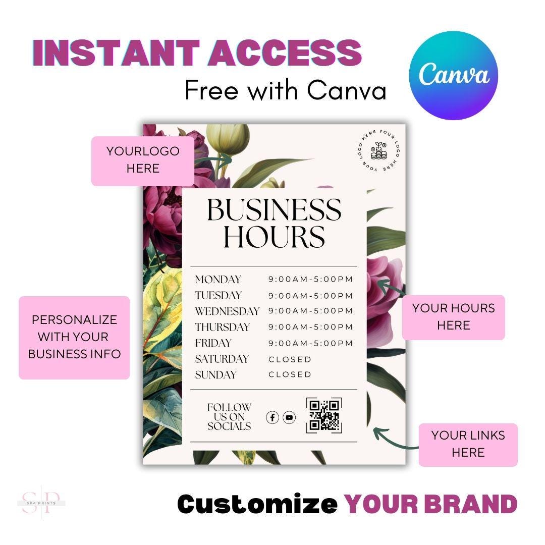 Business Hours Sign Editable Printable Template | Color Logo | Custom ...