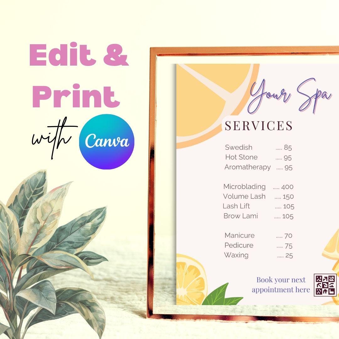 Spa Service Menu Template, Editable Spa Menu, Tropical Pricing Guide ...