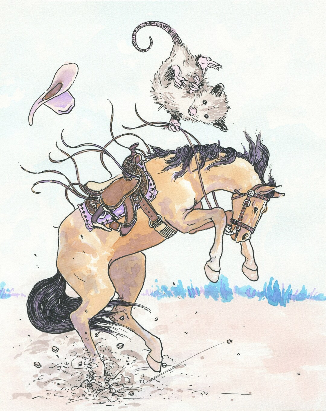 Lil Buckaroo-cowboy Opossum & Bucking Horse Giclée Print - Etsy