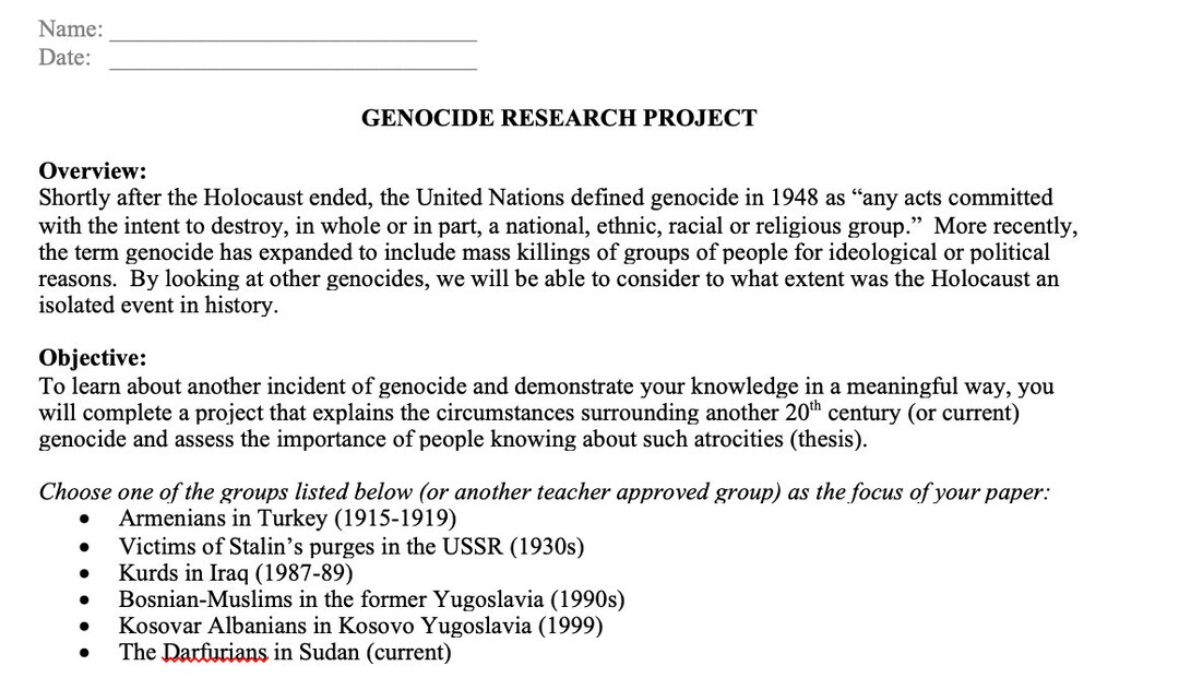 Editable Genocide Research Project Assignment High School History ...