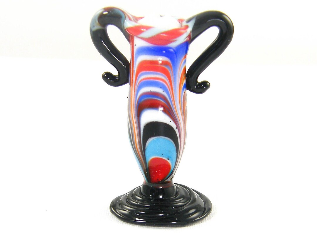 Handmade Lampwork Glass Amphora Pendant, Red Blue White & Black Swirl ...