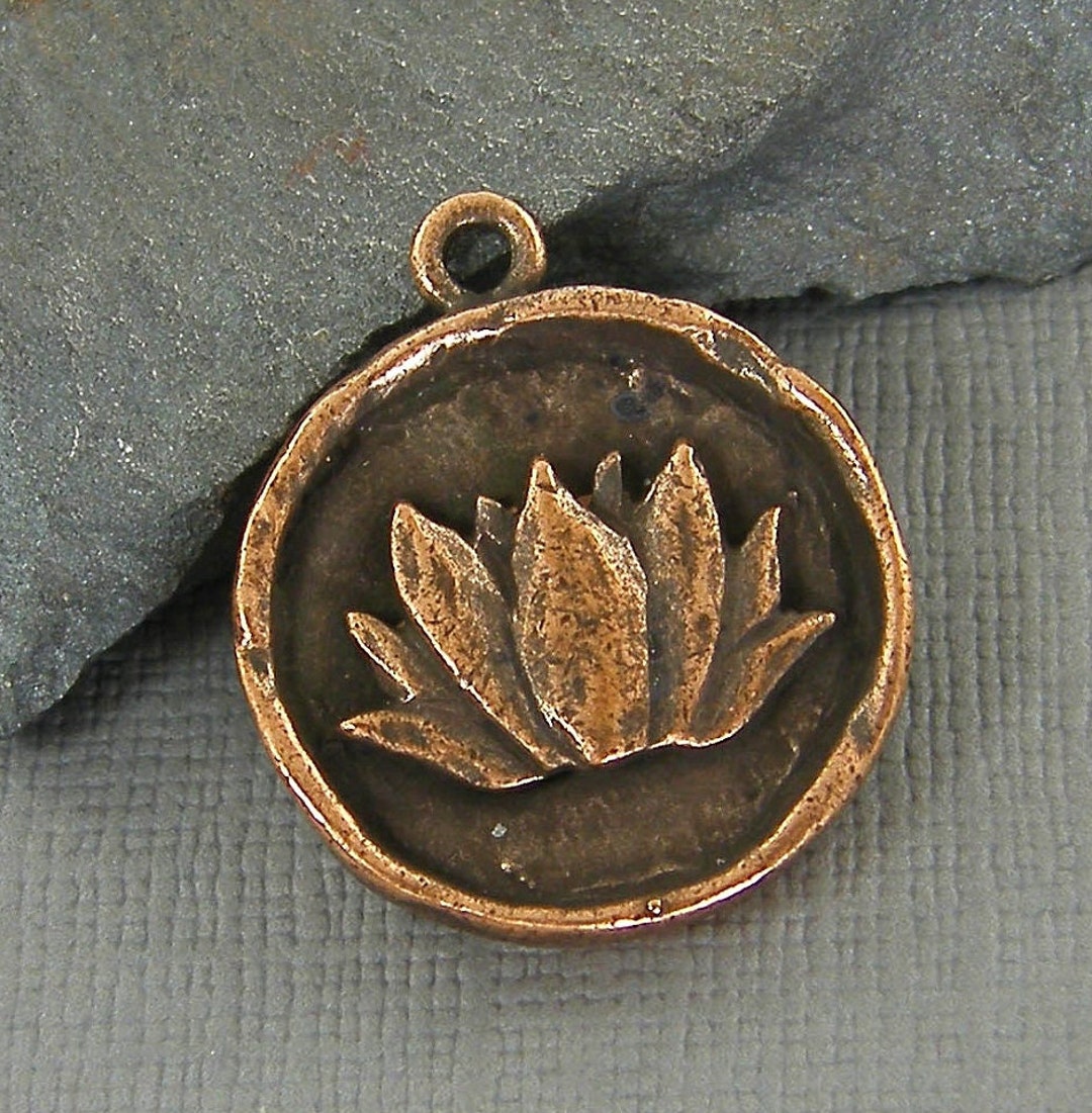 Antique Copper Lotus Flower Charm, Round Copper Lotus Blossom Pendant ...