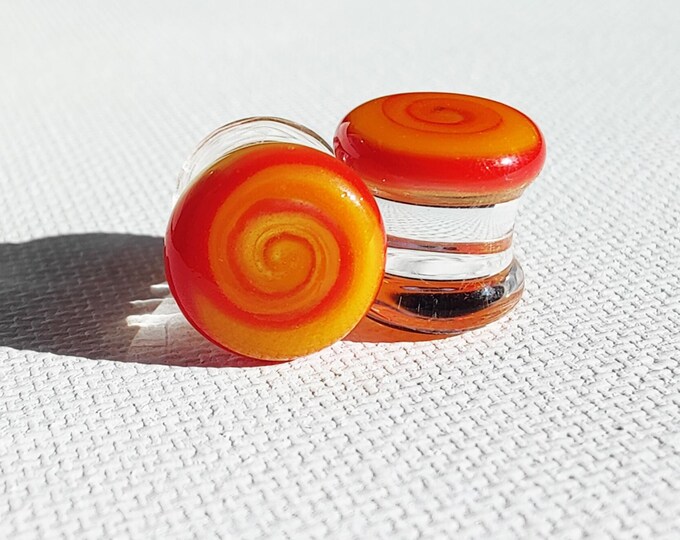 00 Gauge Glass Plugs Yellow Orange Flared Unique Swirl Design ...