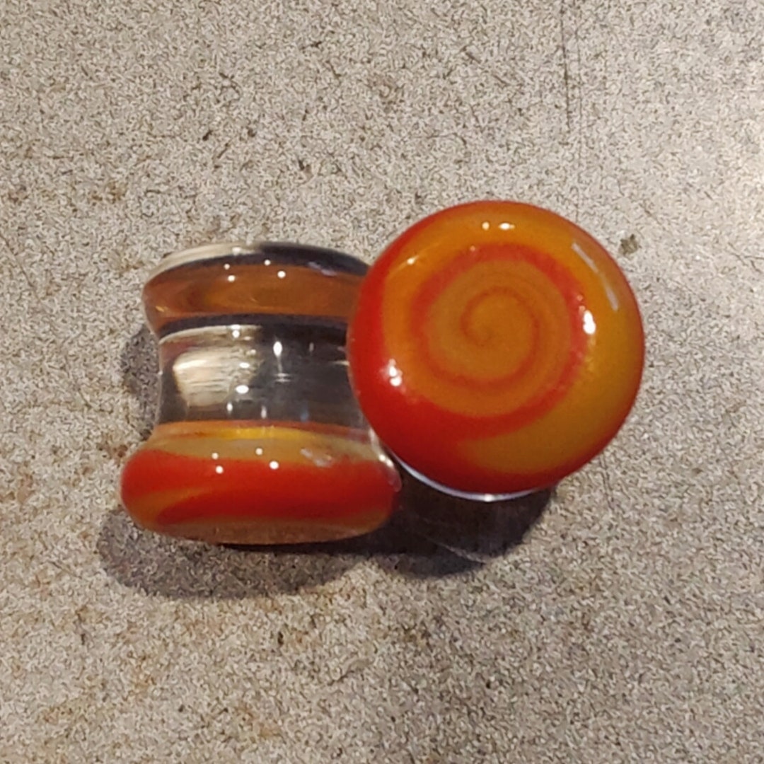 00 Gauge Glass Plugs Yellow Orange Flared Unique Swirl Design ...