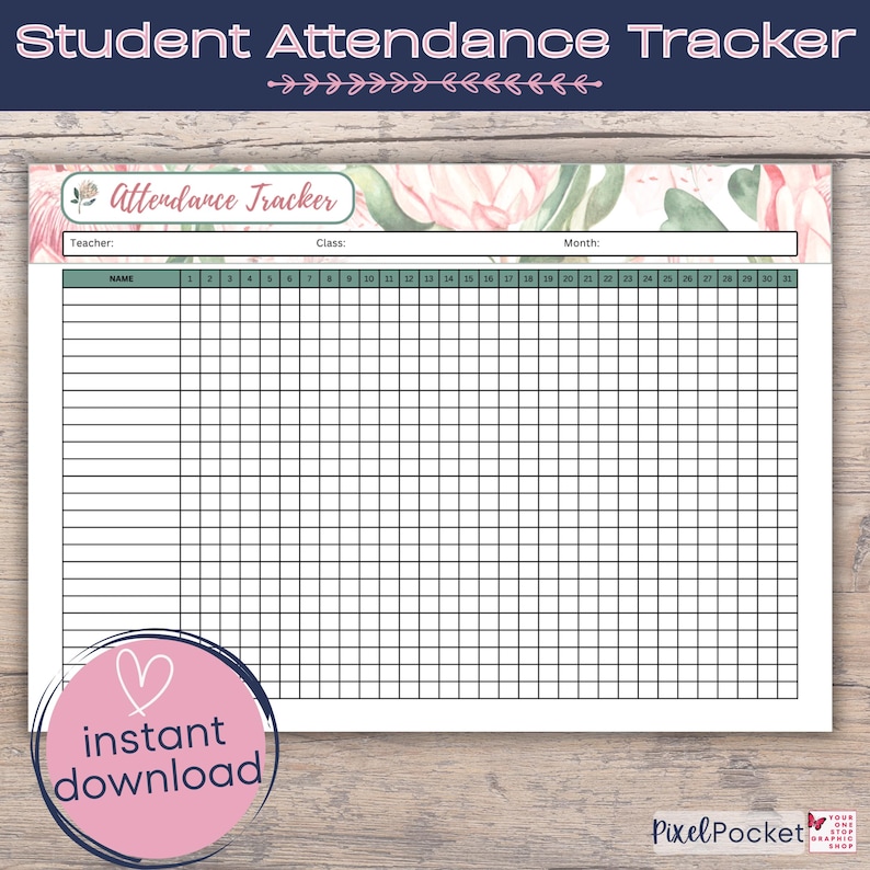 Printable Student Attendance Tracker | Floral Attendance Log | Home ...