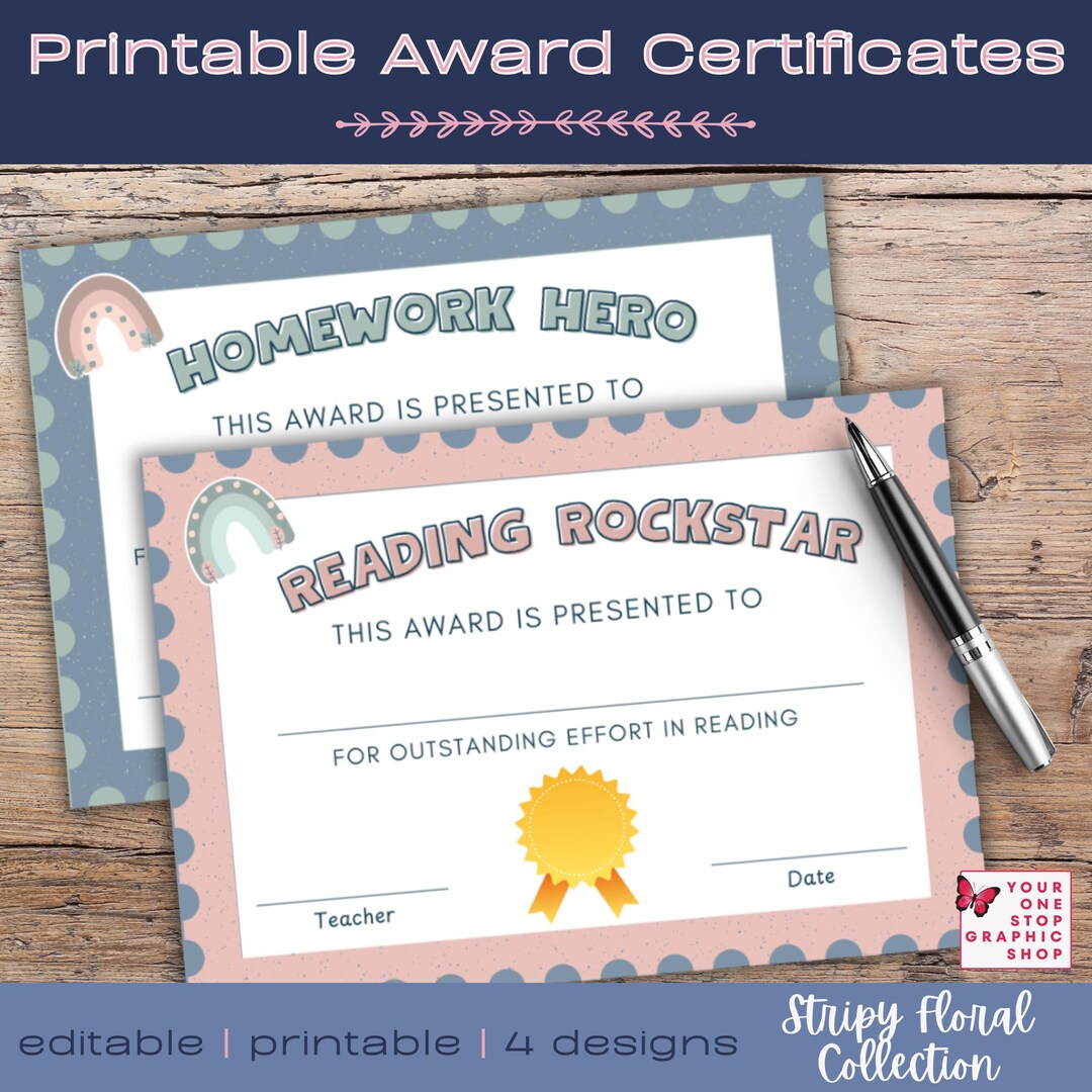 Editable Homework + Reading Awards | Printable Certificate | Instant ...
