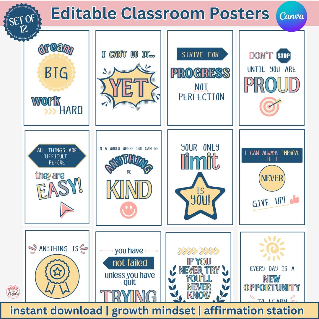 Growth Mindset Posters Classroom Display Affirmation Station Set of 12 ...