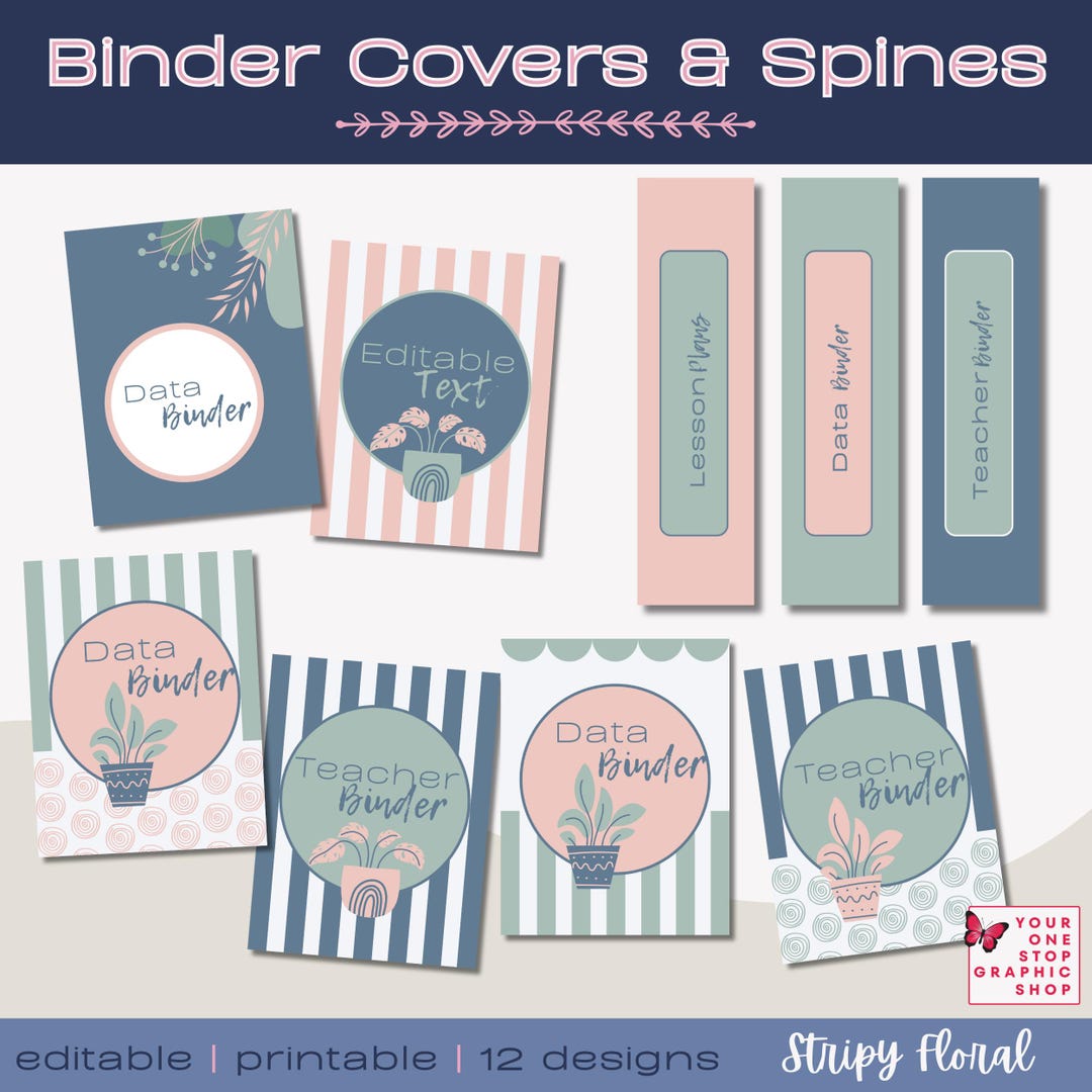 Binder Covers + Spines | Editable Template | 12 Stripy Floral Patterns ...