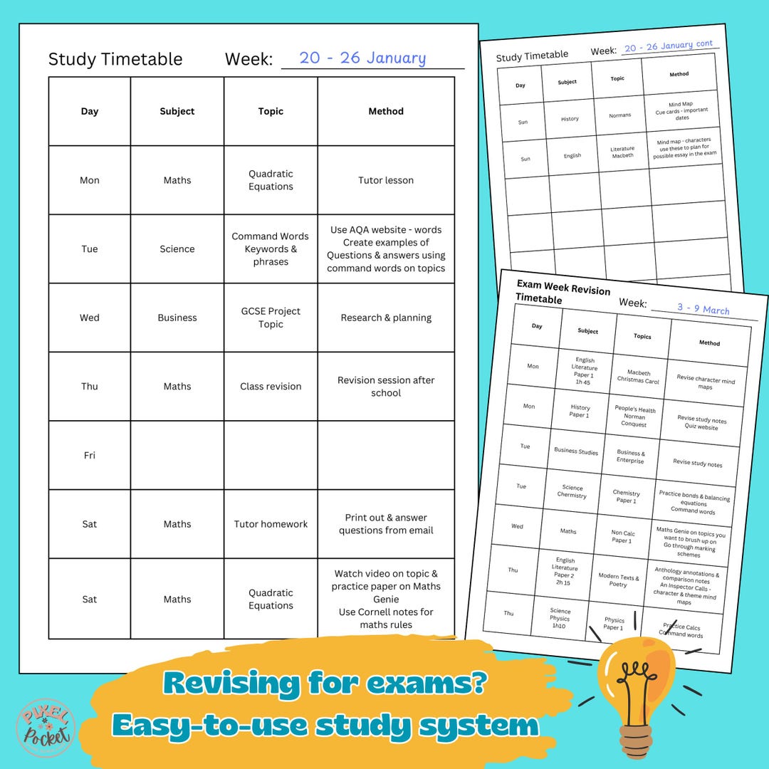 Study Timetable Template Task-based Method Digital Download Editable - Etsy UK