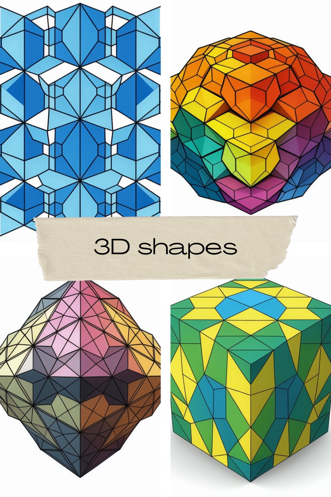 3D Shapes, Geometric Patterns, Coloring Pages - Etsy
