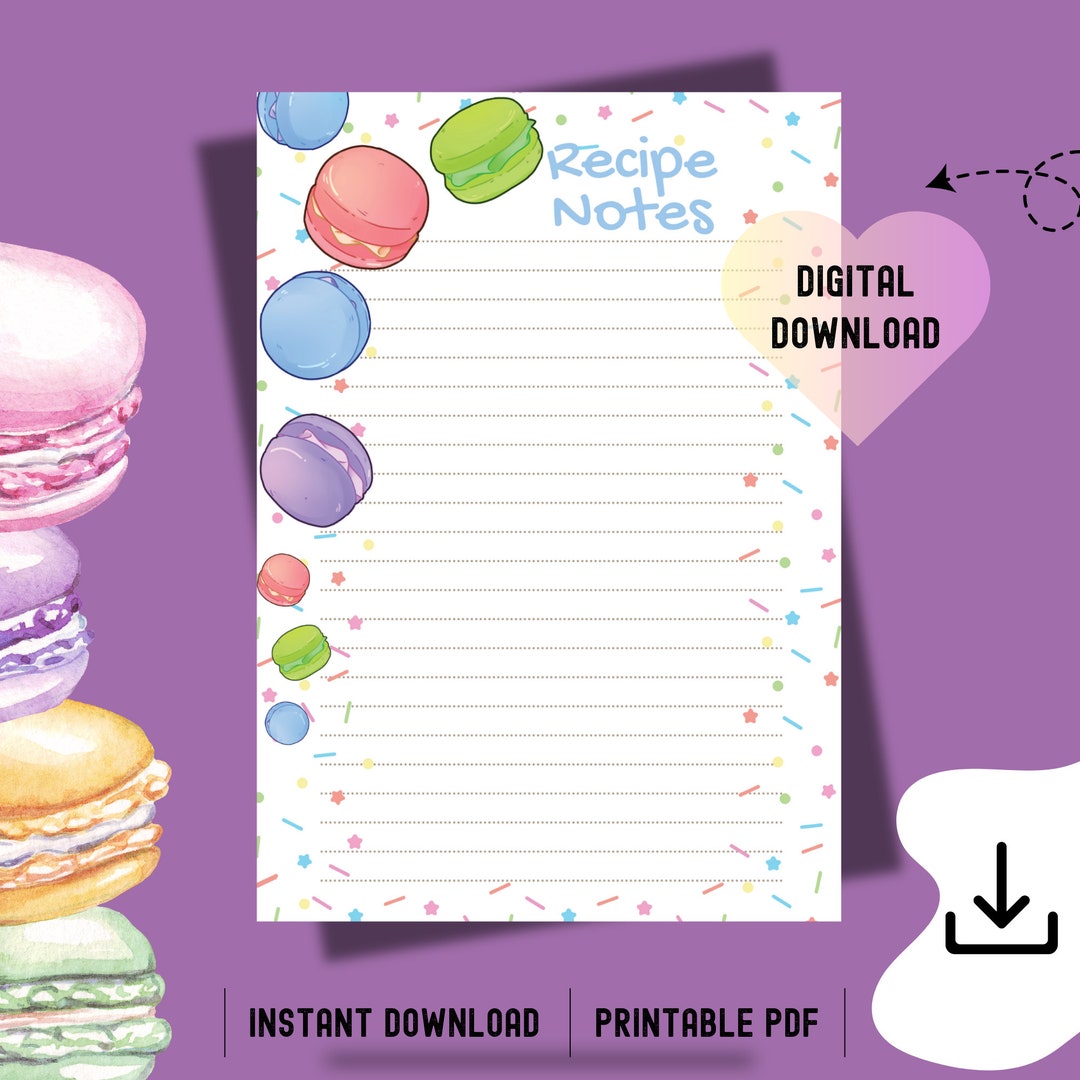 Recipe List, Notebook Paper, Instant Download PDF, Printable, Note ...