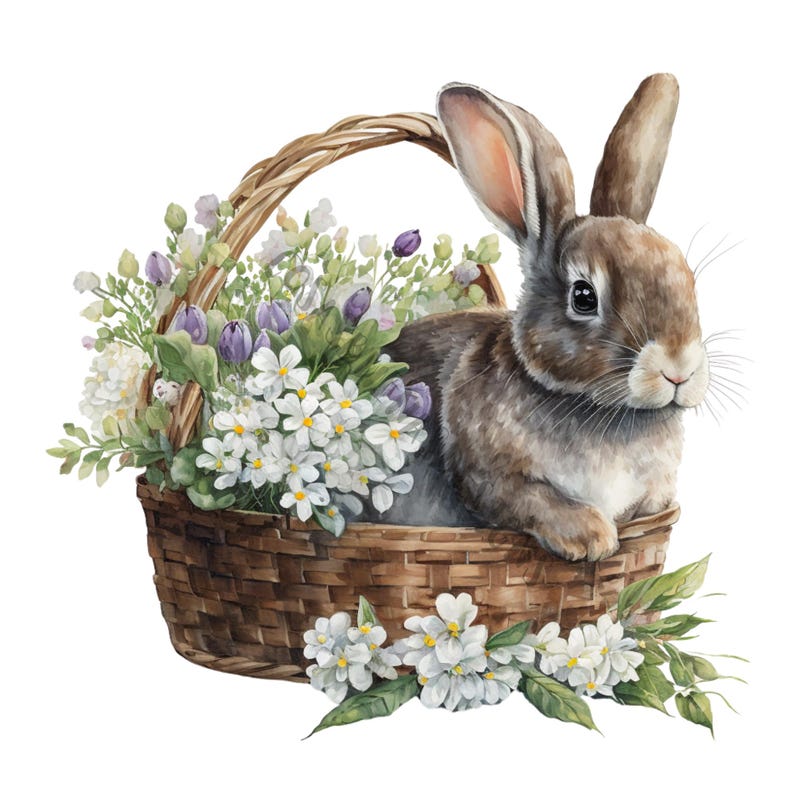 38 Easter Bunny Clipart L Bunny in Basket With Flowers L PNG Digital ...