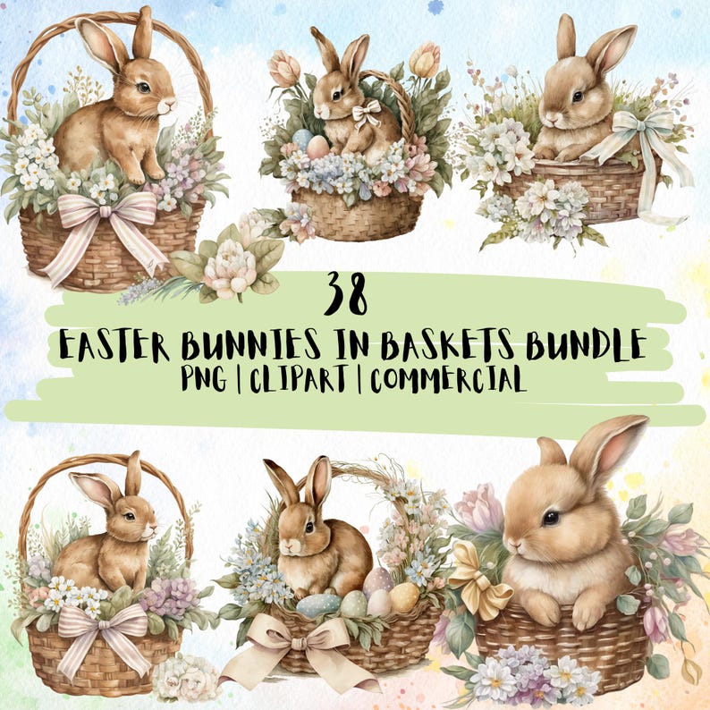38 Easter Bunny Clipart L Bunny in Basket With Flowers L PNG Digital ...