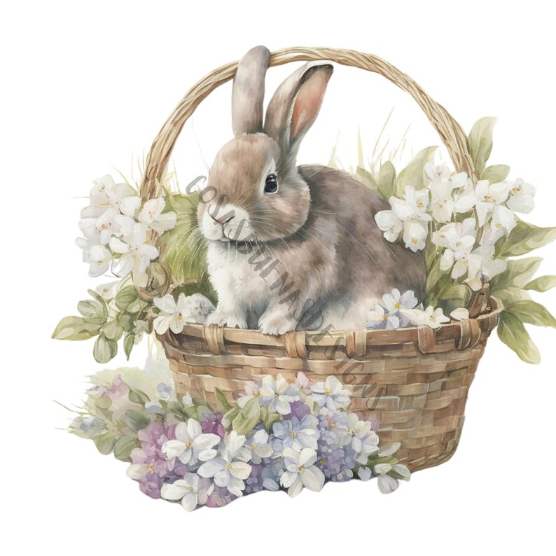 38 Easter Bunny Clipart L Bunny in Basket With Flowers L PNG Digital ...