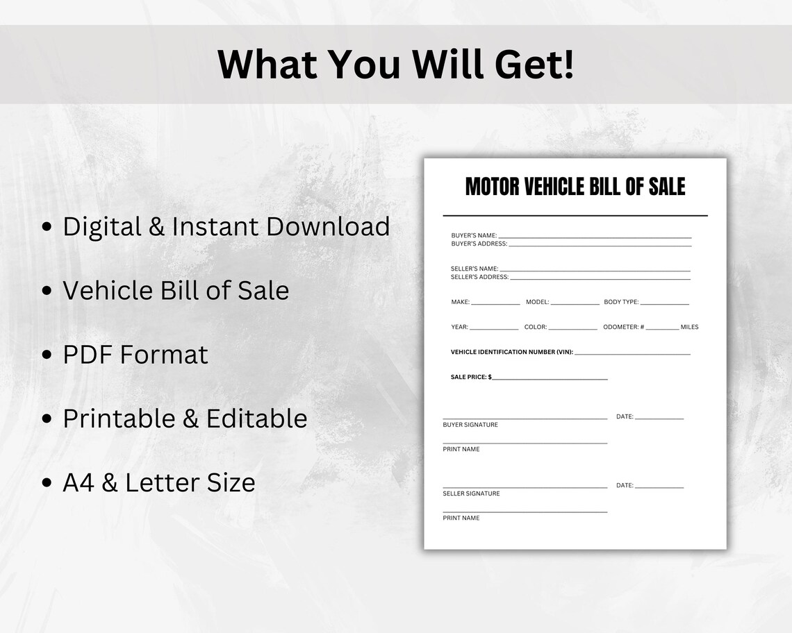 Motor Vehicle Bill of Sale. Printable Car Sale Form. Vehicle Bill of ...