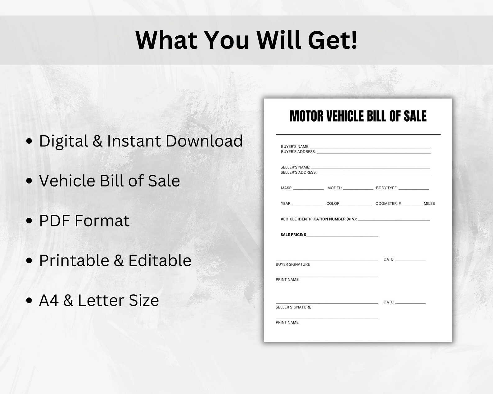 Motor Vehicle Bill of Sale. Printable Car Sale Form. Vehicle Bill of ...