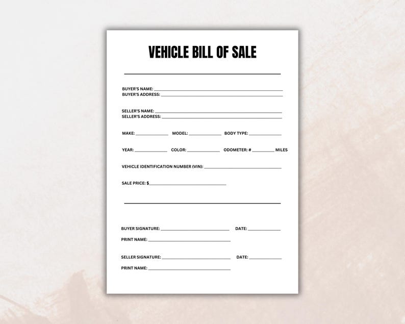 Vehicle Bill of Sale. Vehicle Bill of Sale Template. Printable Motor ...