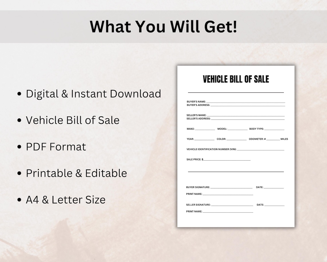 Vehicle Bill of Sale. Vehicle Bill of Sale Template. Printable Motor ...