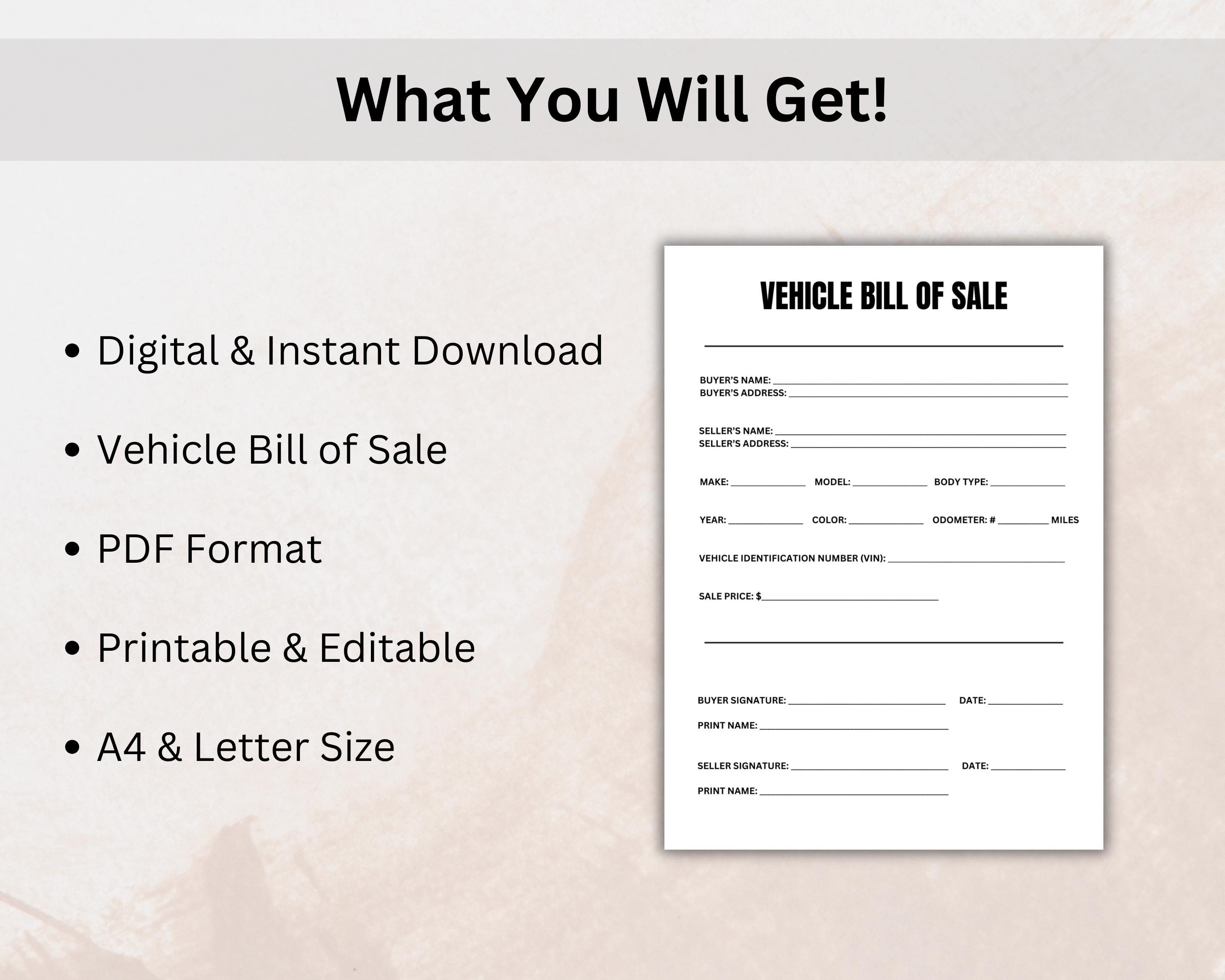 Vehicle Bill of Sale. Vehicle Bill of Sale Template. Printable Motor ...